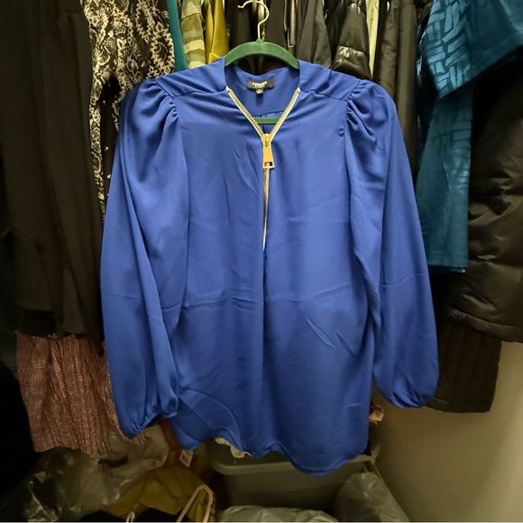Premise | Tops | Premise Blue And Gold Puff Sleeve Blouse With Ruffled ...